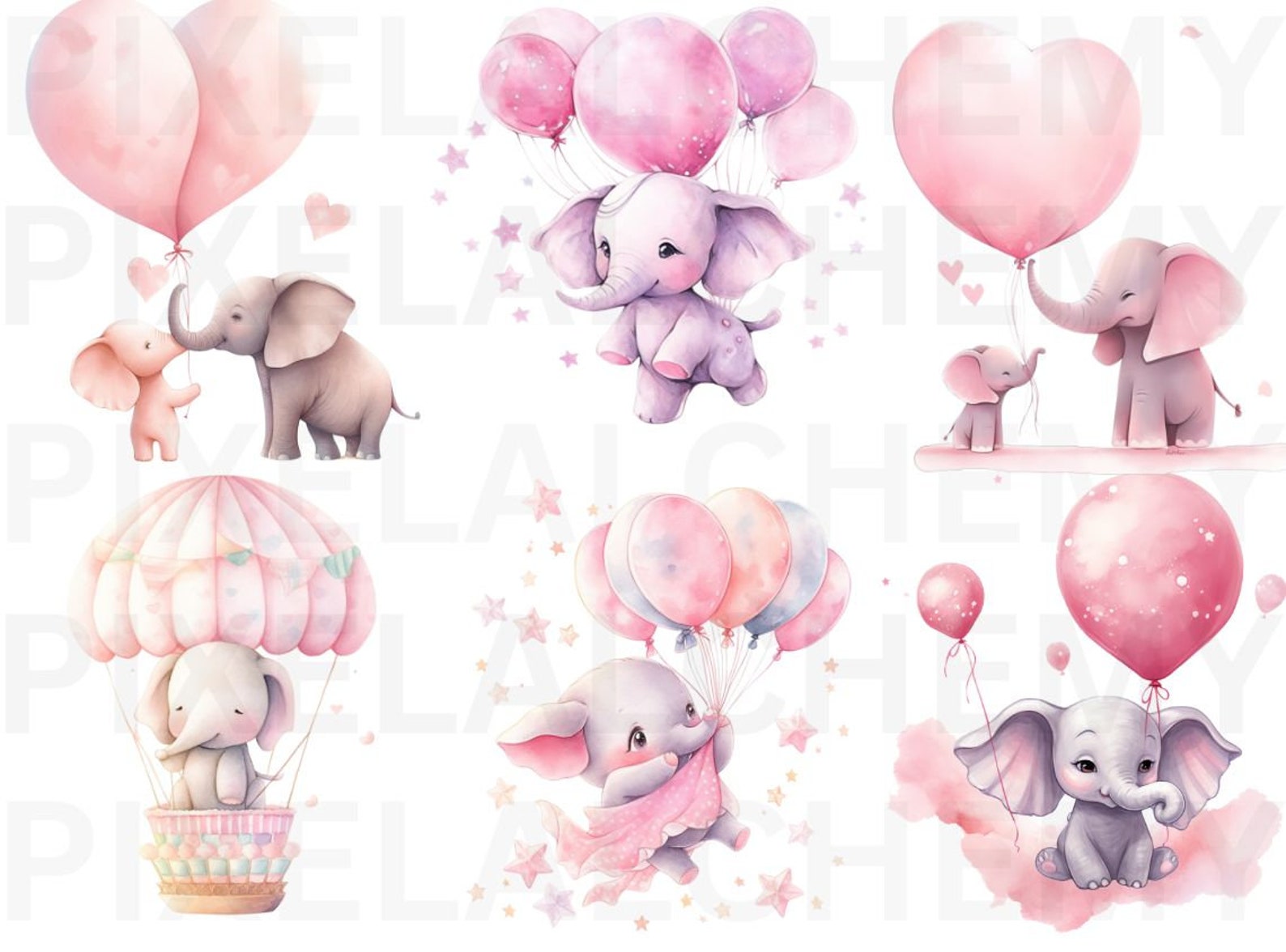 Watercolor Elephant, Baby Elephant Clipart, Baby Elephant With Balloons ...