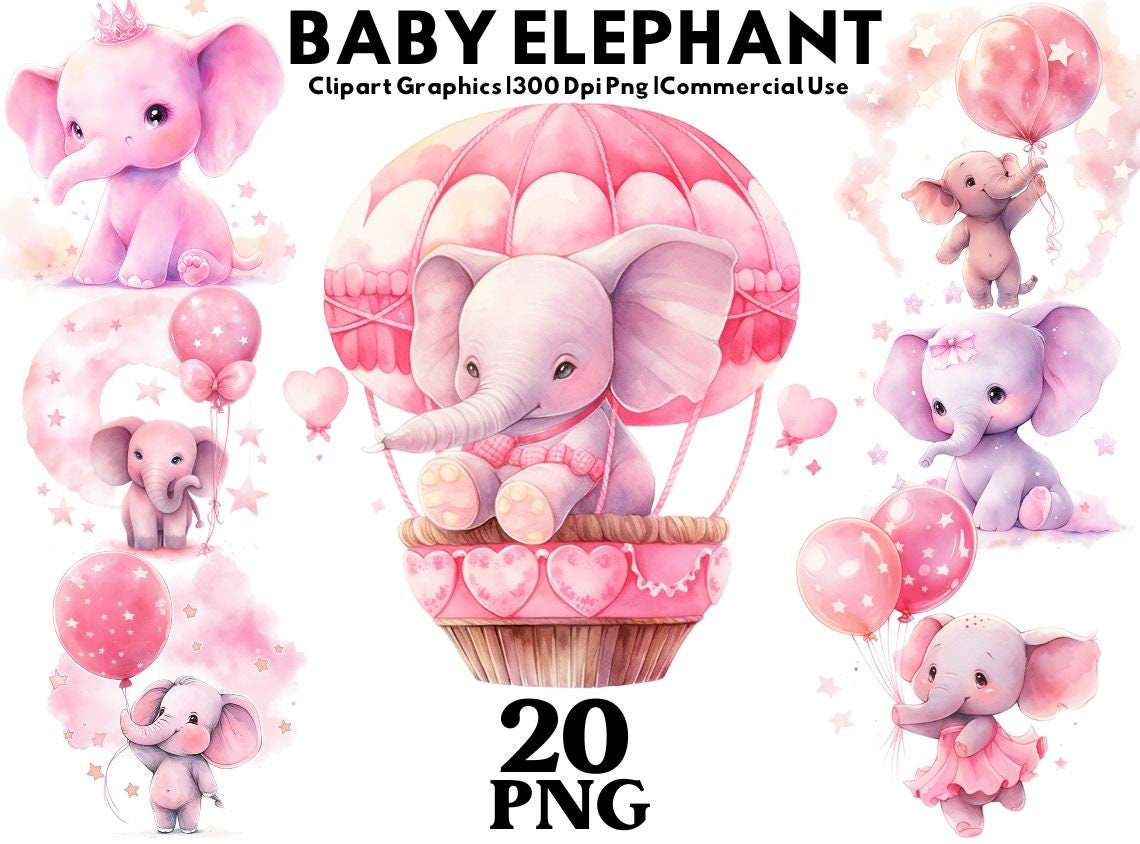 Watercolor Elephant, Baby Elephant Clipart, Baby Elephant With Balloons ...