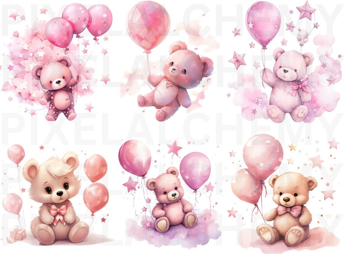 Watercolor Bear Baby Bear Clipart Baby Bear With Balloons - Etsy