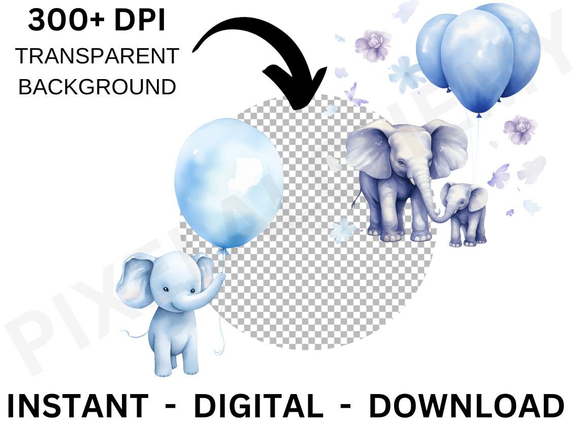 Watercolor Elephant, Baby Elephant Clipart, Baby Elephant With Balloons ...