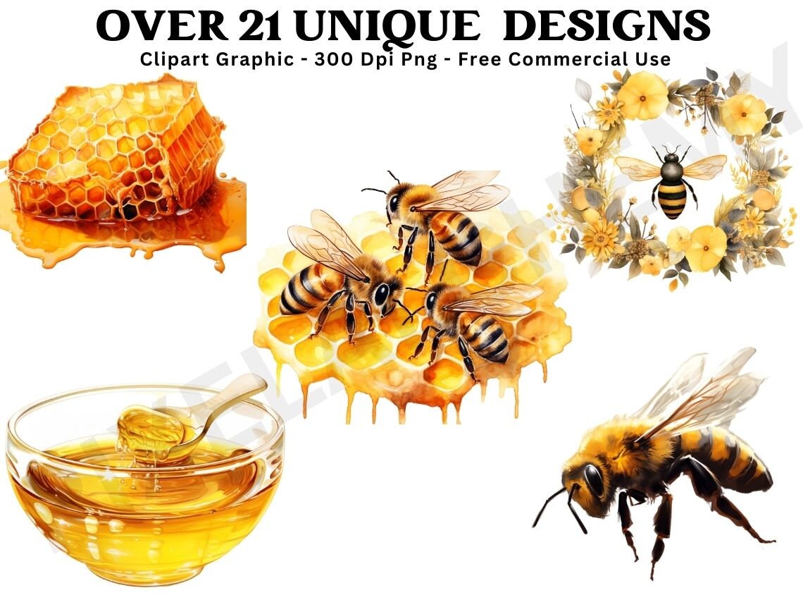 Watercolor Honey Bee Clipart, Spring Garden Bee and Honey Drips Clip ...