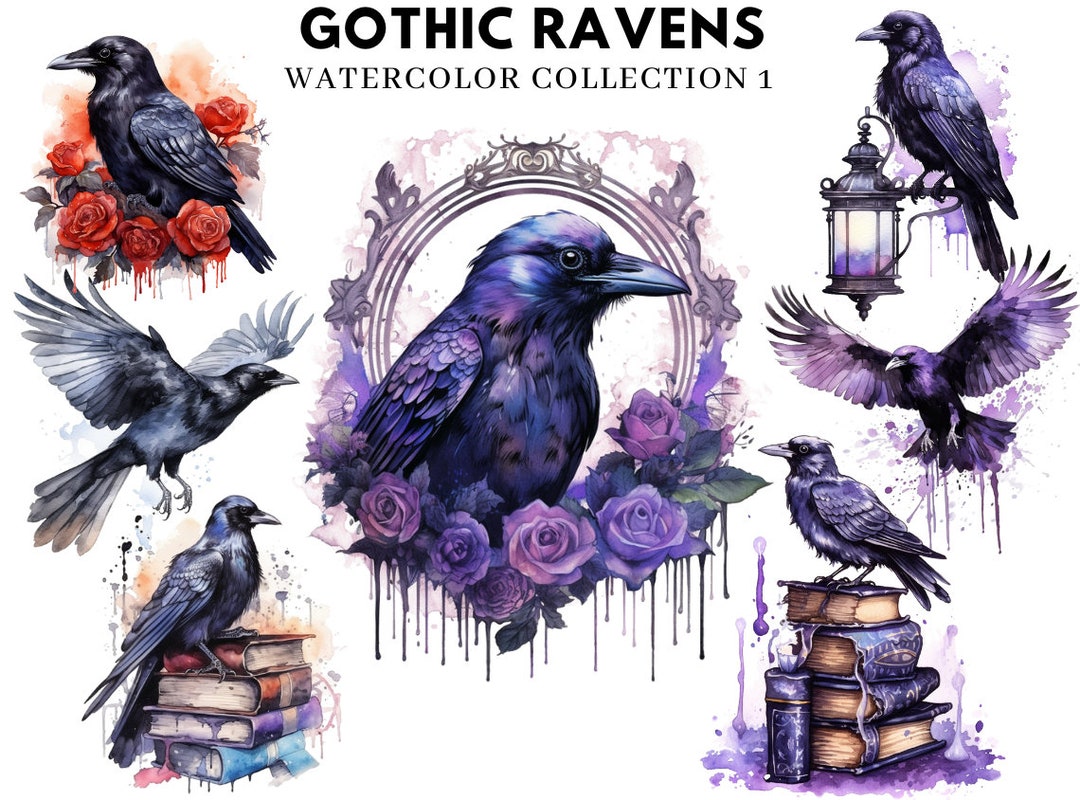 Watercolor Gothic Ravens Clipart - Dark Fantasy Watercolor Witch PNG ...