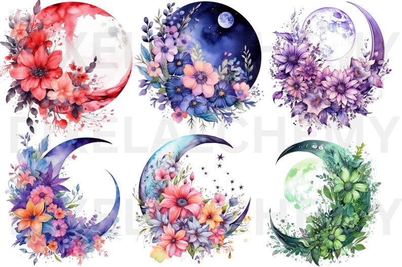 Watercolor Floral Moons Clipart Floral Crescent Moons With Flowers PNG ...
