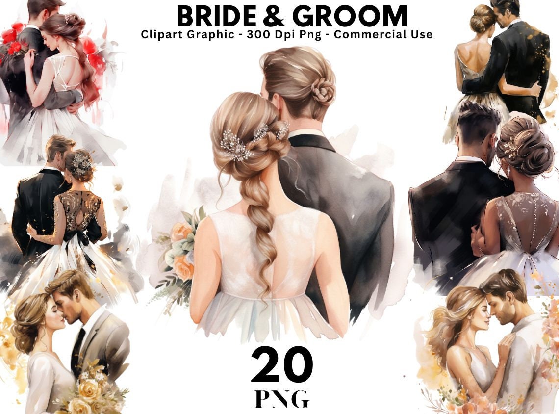 Set of 20, Bride and Groom Clipart, Wedding Day Clipart PNG, Marriage ...