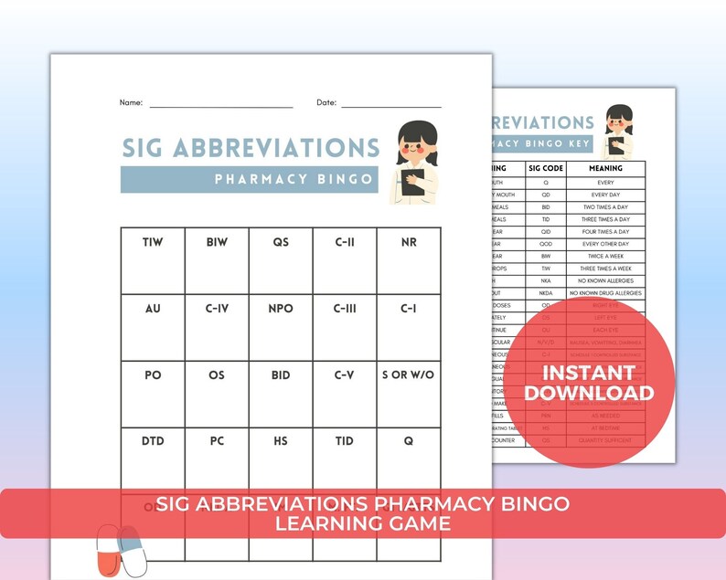 Pharmacy Sig Abbreviations Bingo Game - 30 Cards + Answer Key for ...