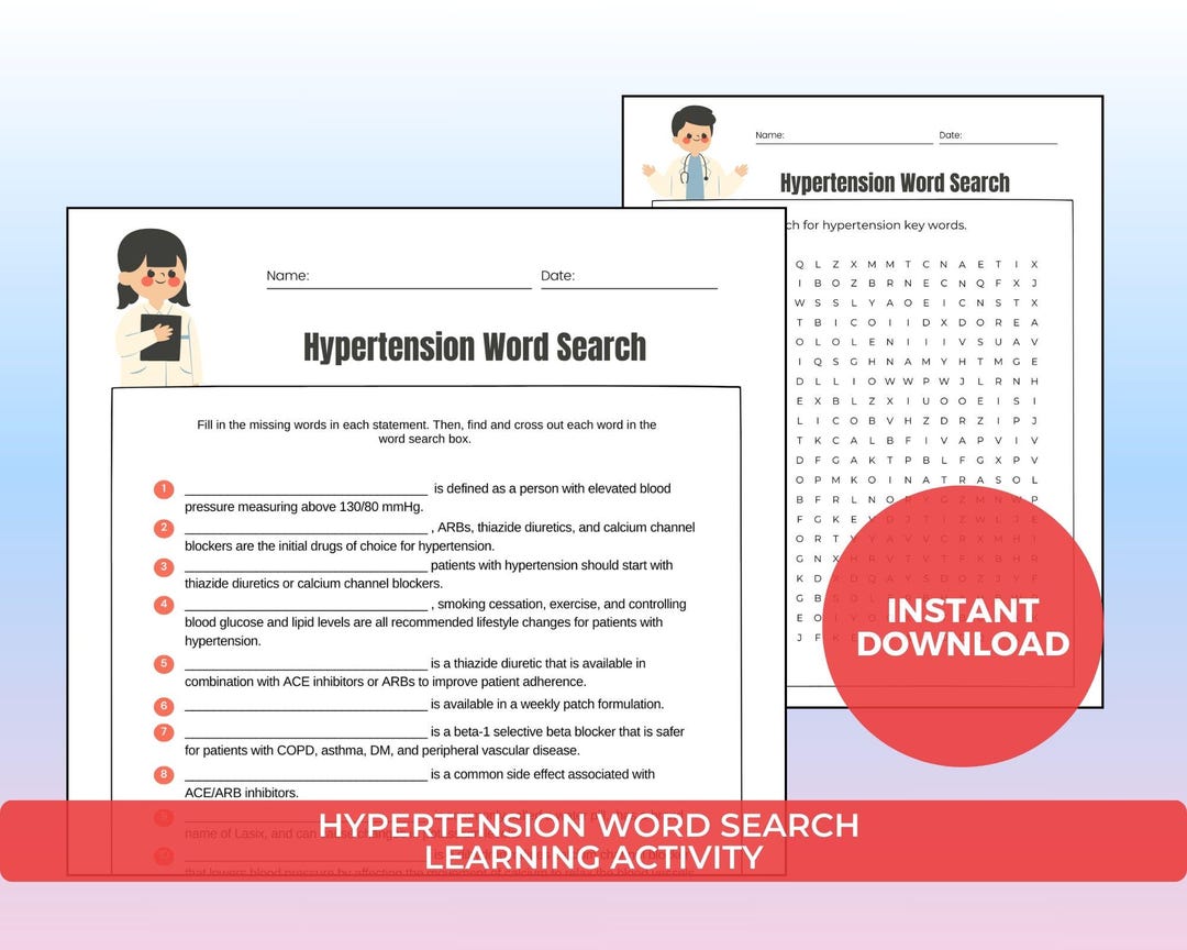 Hypertension Word Search Pharmacology Learning Aid Printable PDF ...