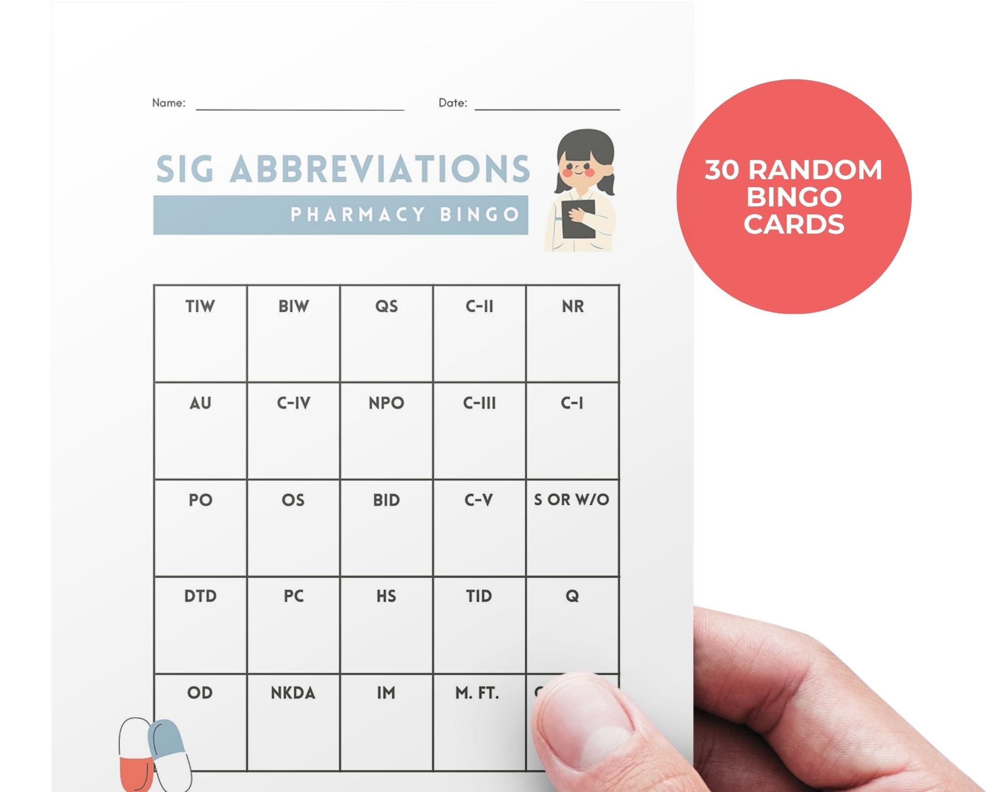 Pharmacy Sig Abbreviations Bingo Game - 30 Cards + Answer Key for ...