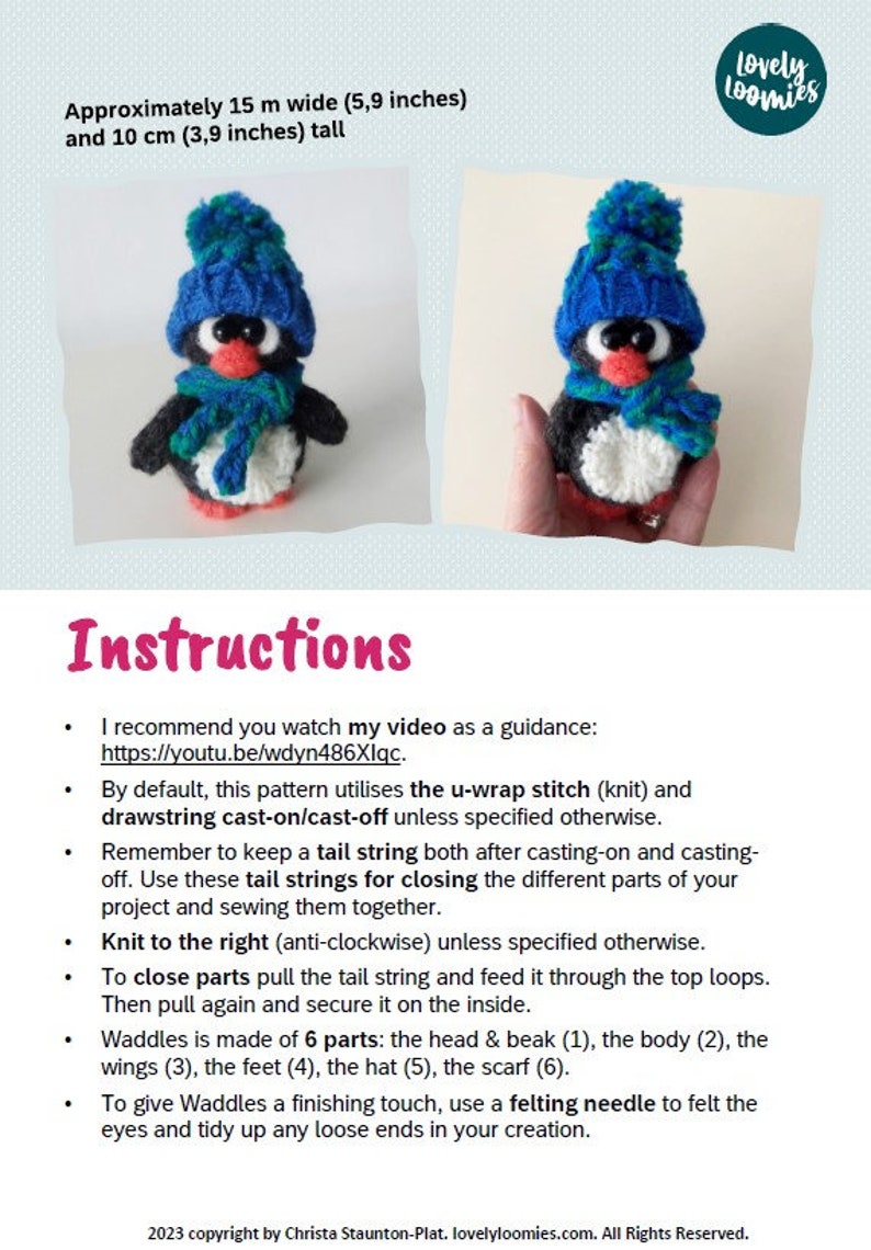Loom Knitting PATTERN Waddles the Small Penguin. With Video Tutorial ...