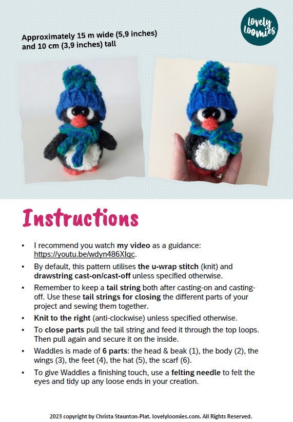 Loom Knitting PATTERN Waddles the Small Penguin. With Video Tutorial ...