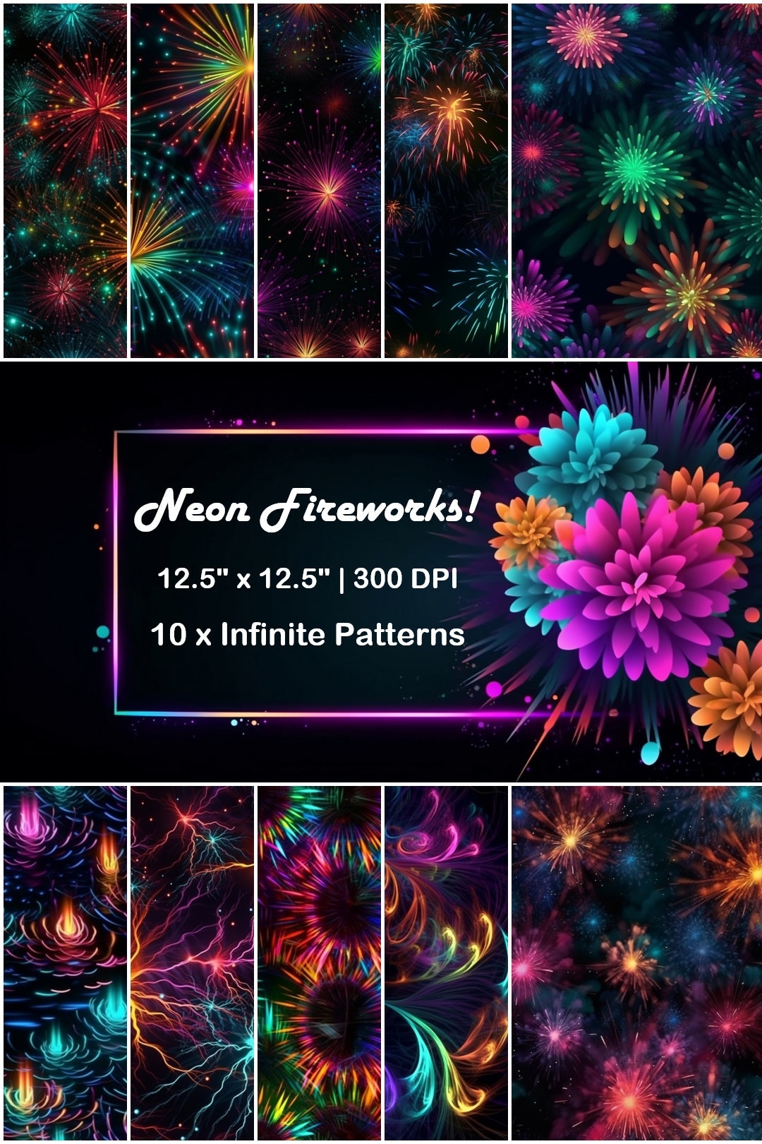 10 Neon Firework Patterns Printable Digital Art for Scrapbooking, DIY ...