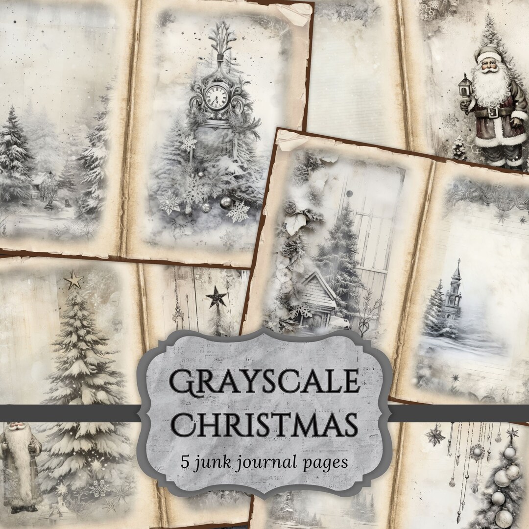 Grayscale Christmas Junk Journal Pages, Black and White Xmas Scrapbook ...