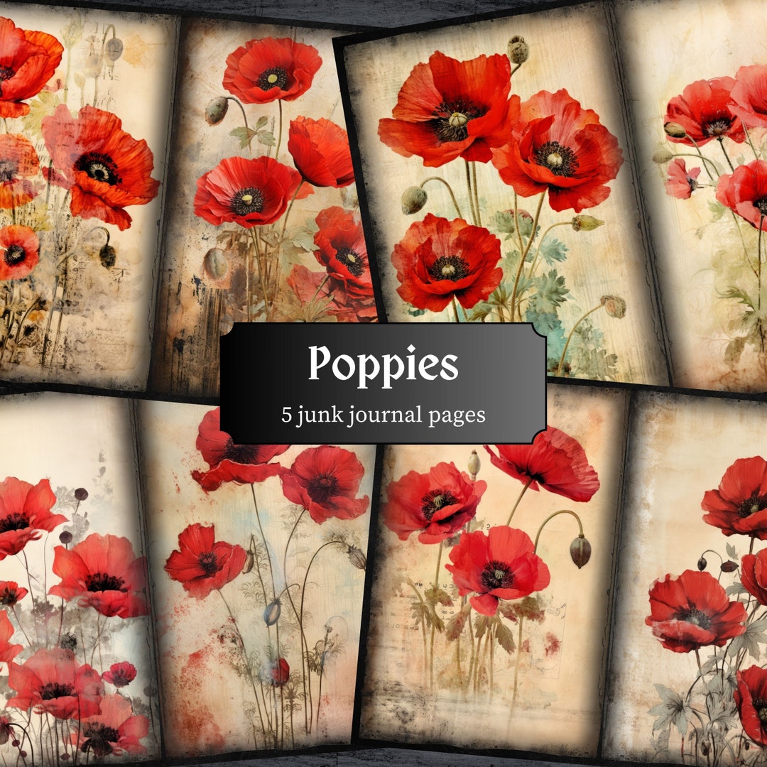 Poppies Junk Journal Pages, Poppy Pages, Floral Journal Pages, Red ...