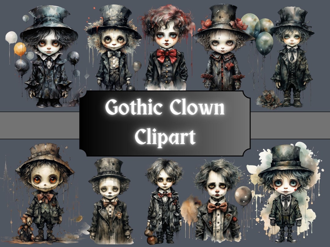 Gothic Clown Watercolor Clipart, Creepy Clip Art, Halloween Spooky ...