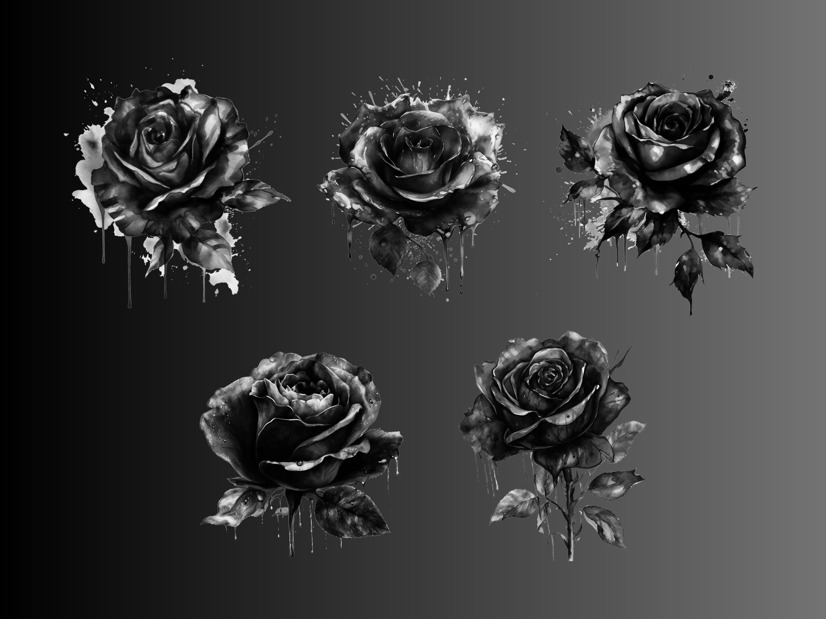 Full Black Silver Roses Watercolor Clipart Floral Clip Art - Etsy