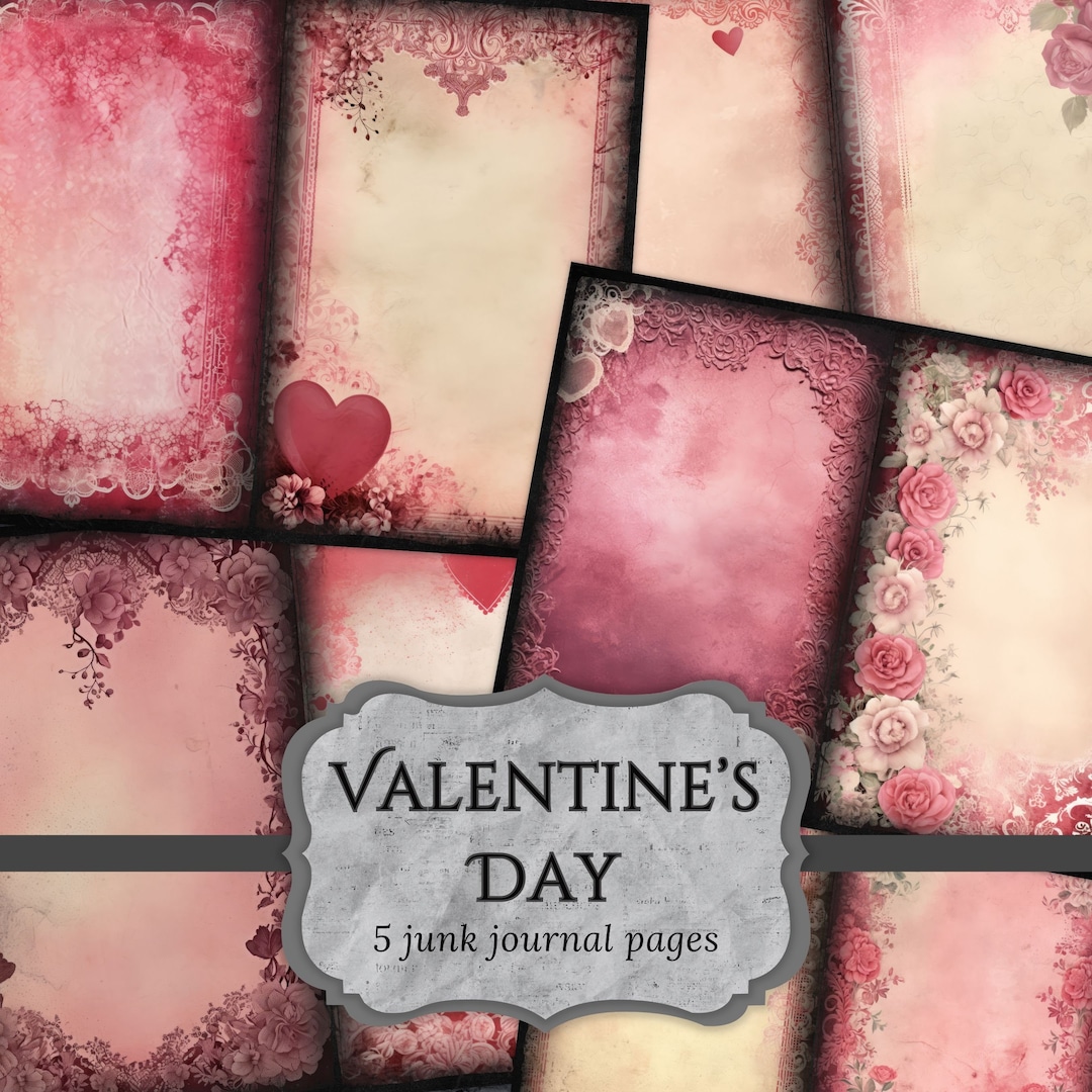Valentine's Day Junk Journal Pages, Pink Hearts Border Scrapbook Page ...