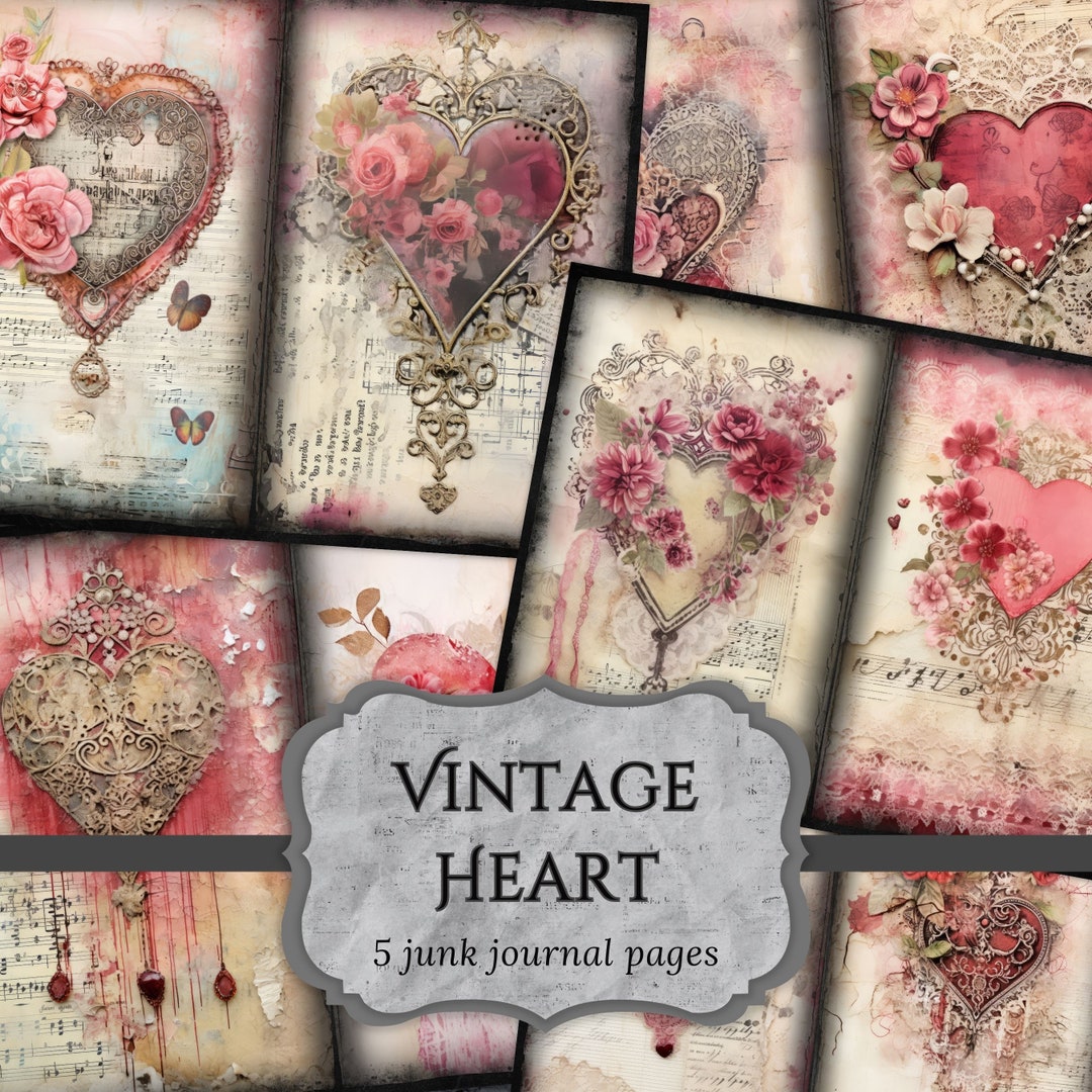 Vintage Heart Junk Journal Pages, Valentines Scrapbook Page, Floral ...