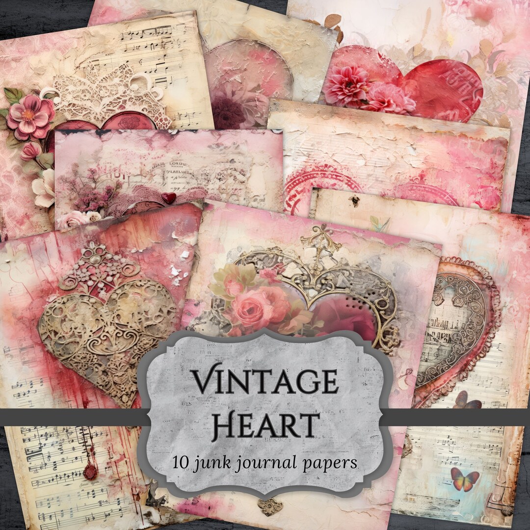Vintage Heart Junk Journal Papers, Valentines Scrapbook Page, Floral ...
