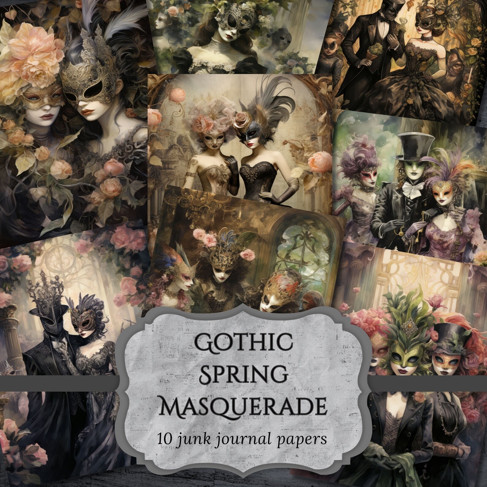 Gothic Spring Masquerade Junk Journal Papers, Mask Ball Scrapbook Page ...