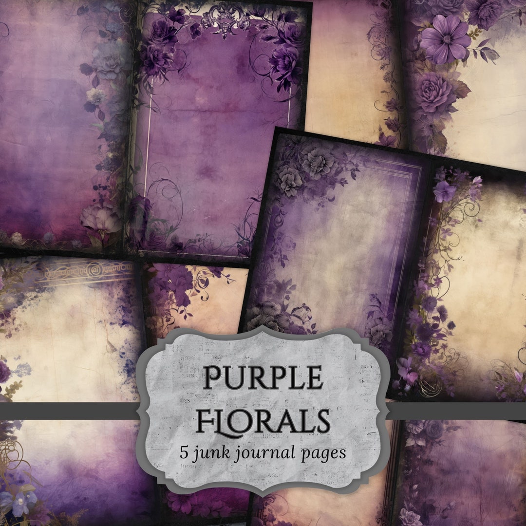 Purple Florals Plain Junk Journal Pages, Vintage Scrapbook Page, Blank ...