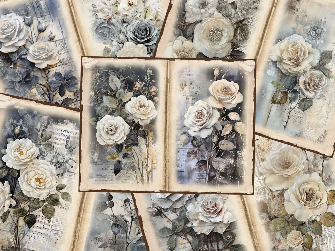 Silver White Roses Junk Journal Pages, Gothic Scrapbook Page, Floral ...