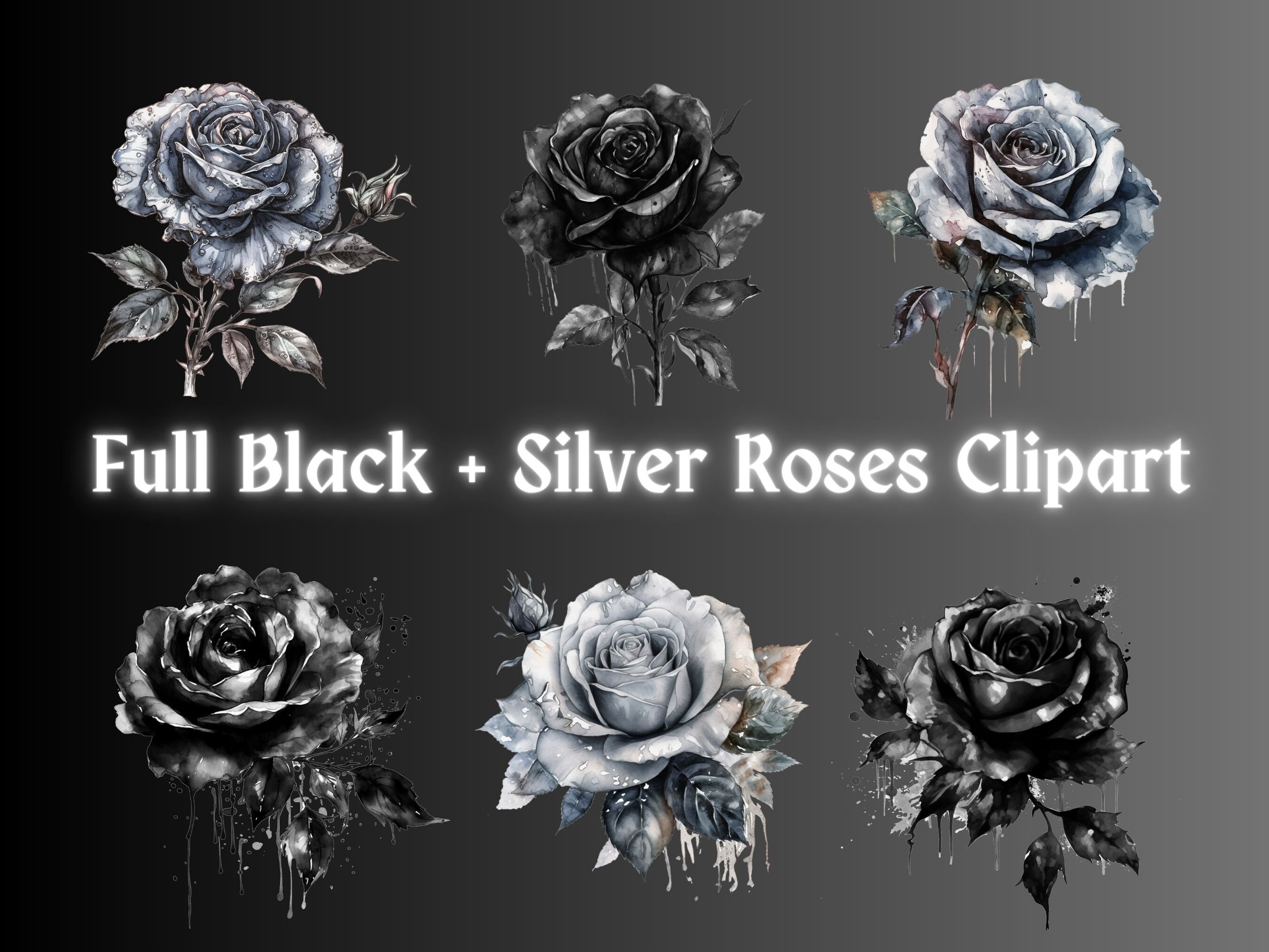 Full Black Silver Roses Watercolor Clipart Floral Clip Art - Etsy