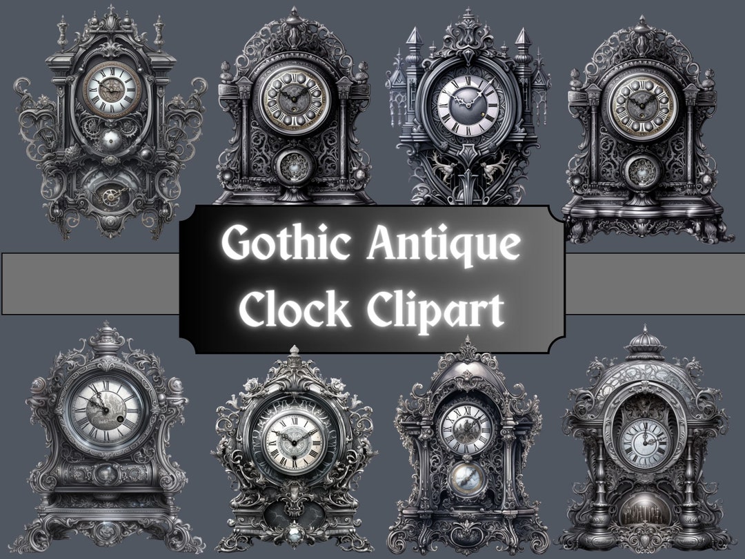 Gothic Antique Clock Clipart, Silver Victorian Clip Art, Ornate PNG ...