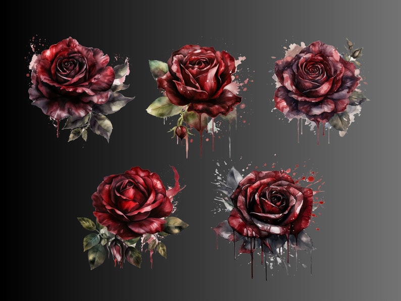 Red Roses Watercolor Clipart Floral Clip Art Gothic Flowers - Etsy