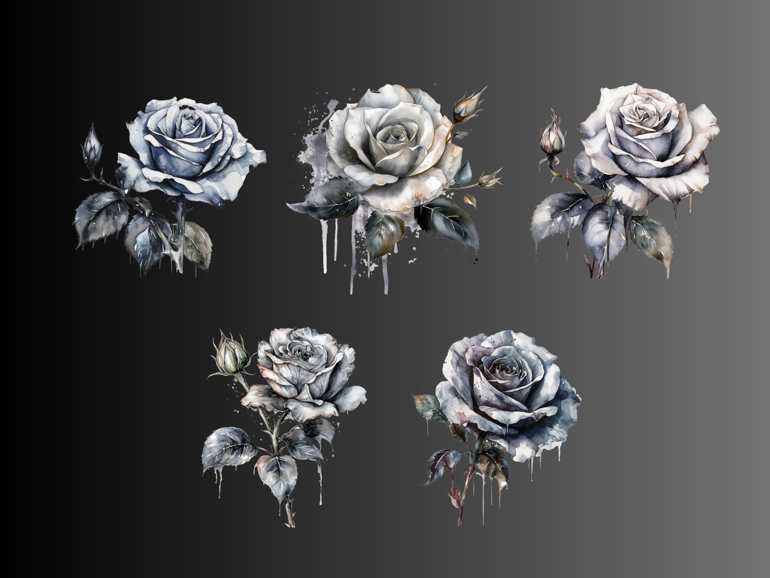 Full Black Silver Roses Watercolor Clipart Floral Clip Art - Etsy