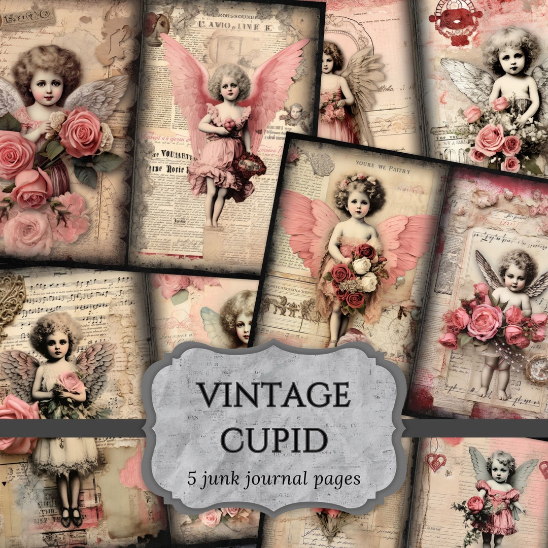 Vintage Cupid Junk Journal Pages, Valentine's Day Scrapbook Page, Love ...
