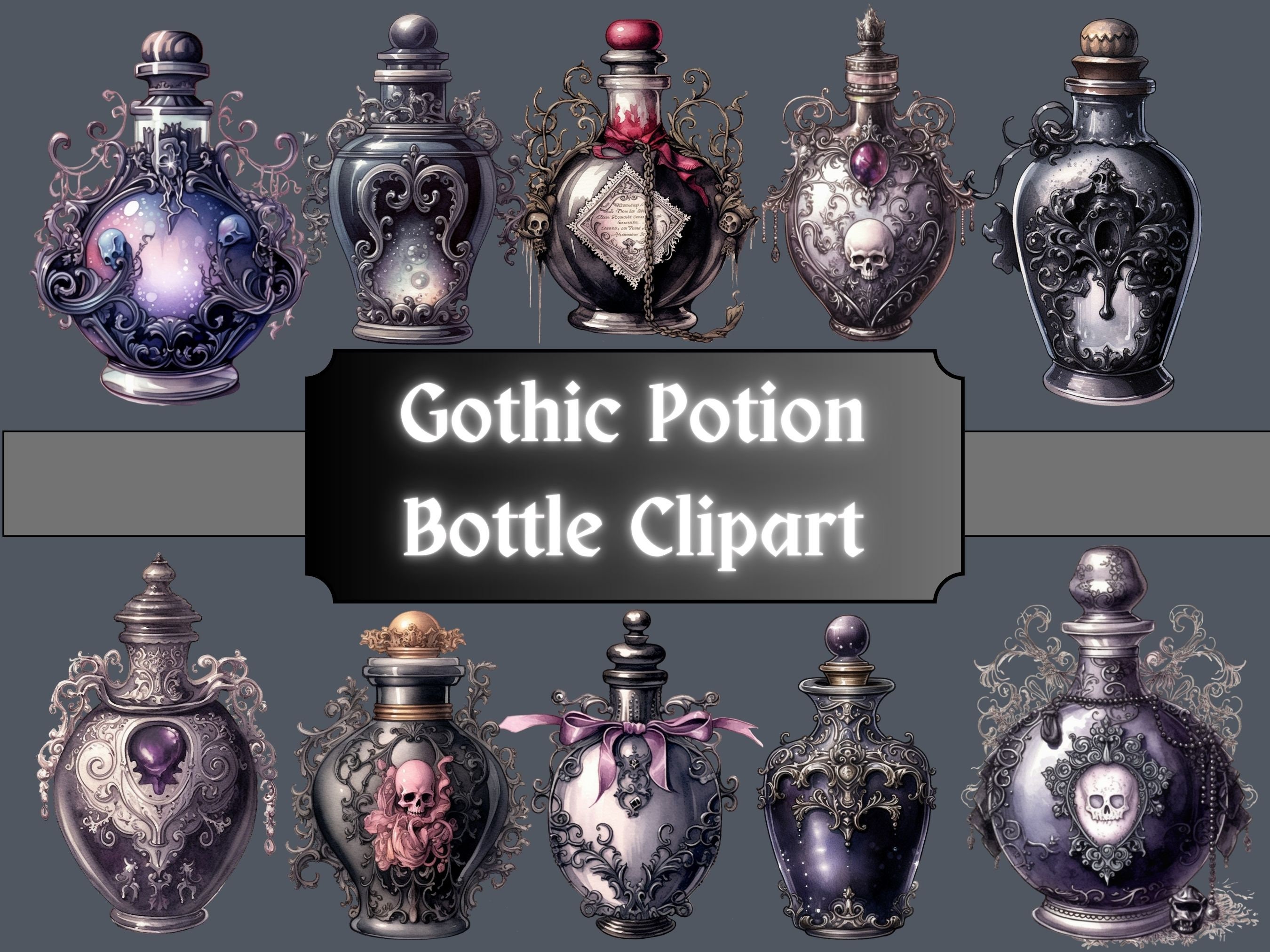 Gothic Potion Bottle Watercolor Clipart Magical Mystical Clip - Etsy