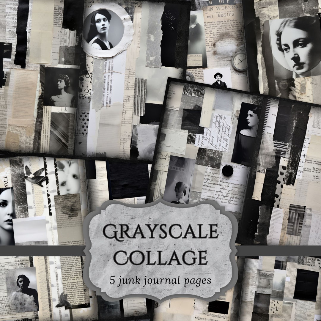 Grayscale Collage Junk Journal Pages, Black and White Scrapbook Page ...
