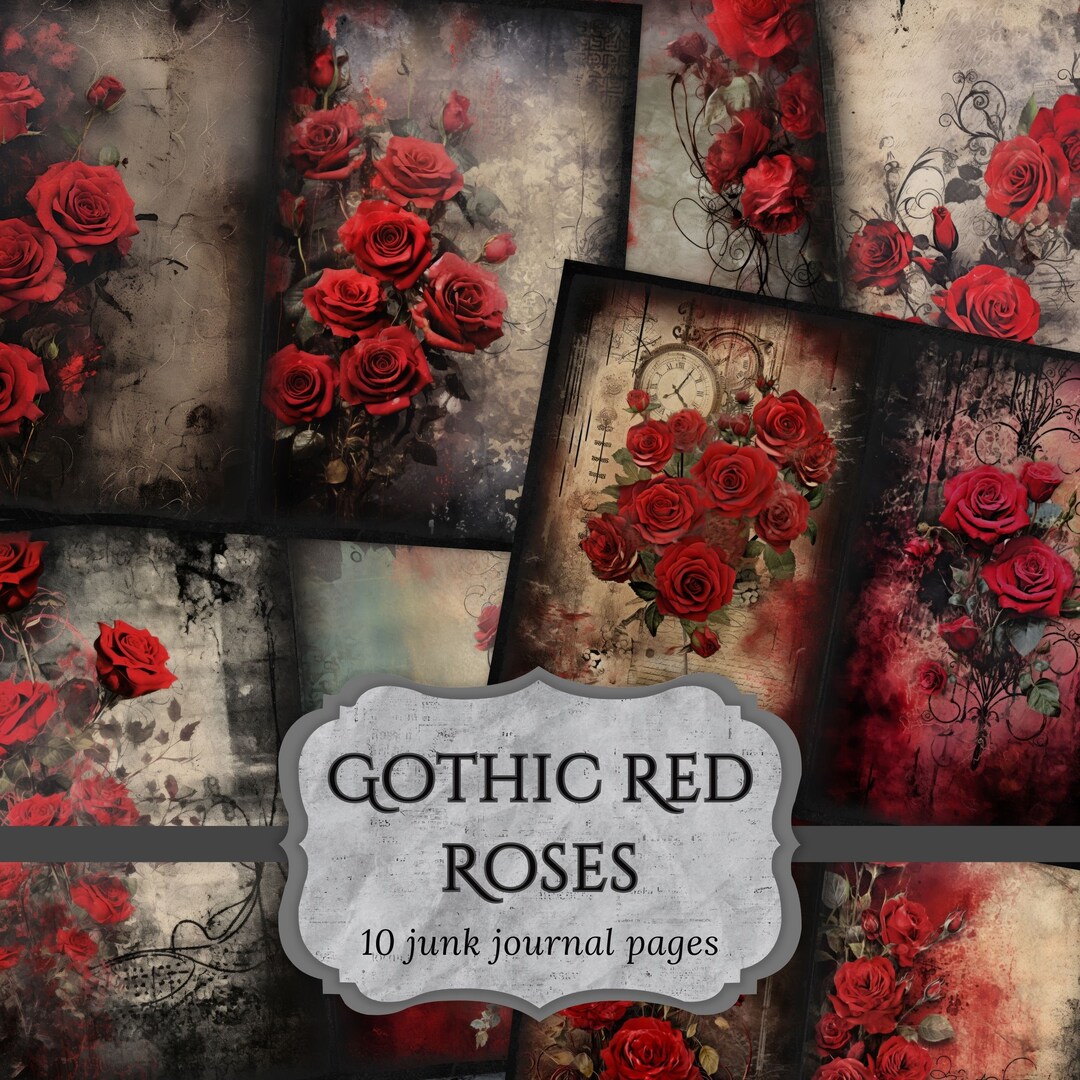 Gothic Red Roses Junk Journal Pages, Florals Scrapbook Page, Forest ...