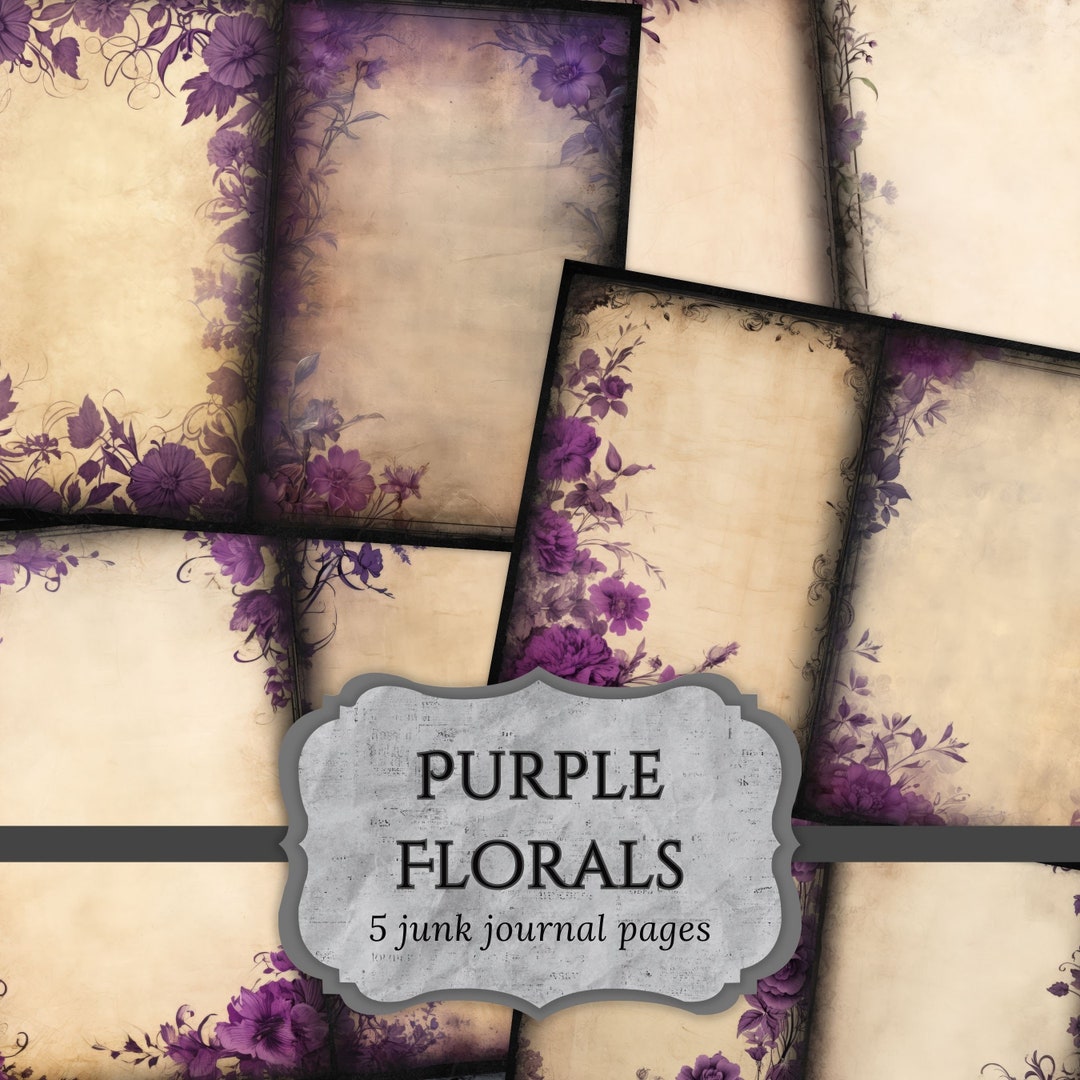 Purple Florals Plain Junk Journal Pages, Vintage Scrapbook Page, Blank ...