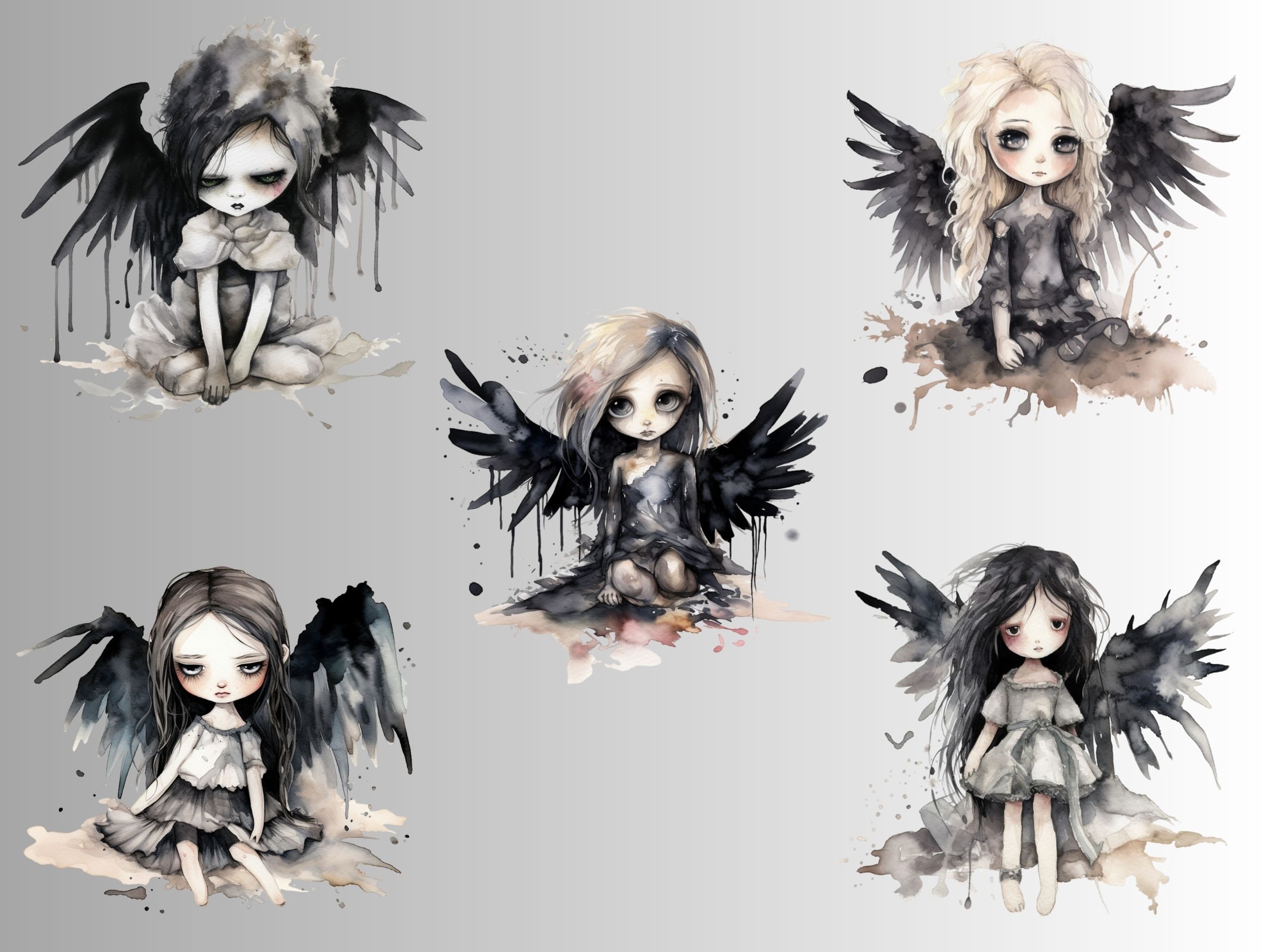 Fallen Angel Doll Watercolor Clipart Gothic Black Clip Art - Etsy