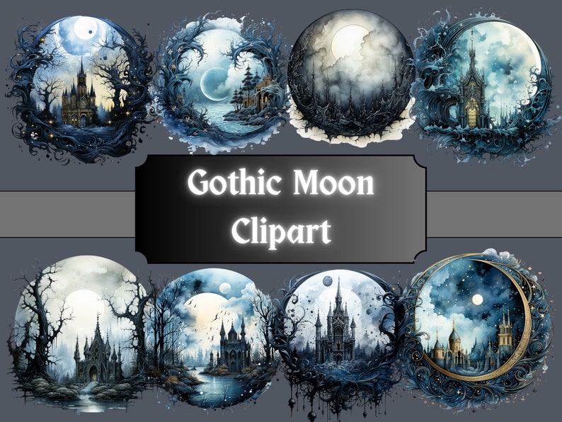 Gothic Moon Watercolor Clipart Lunar Eclipse Clip Art Dark - Etsy