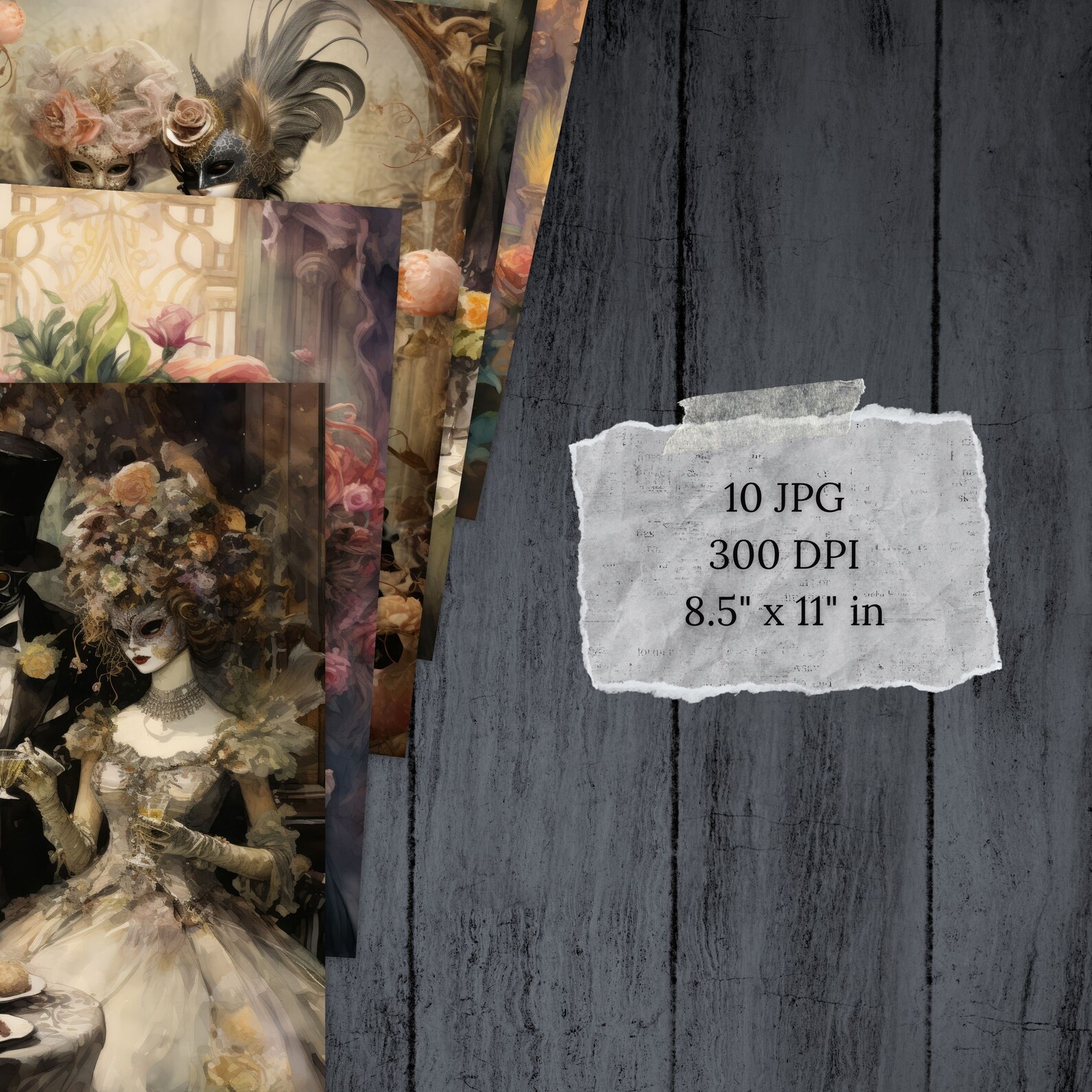 Gothic Spring Masquerade Junk Journal Papers, Mask Ball Scrapbook Page ...