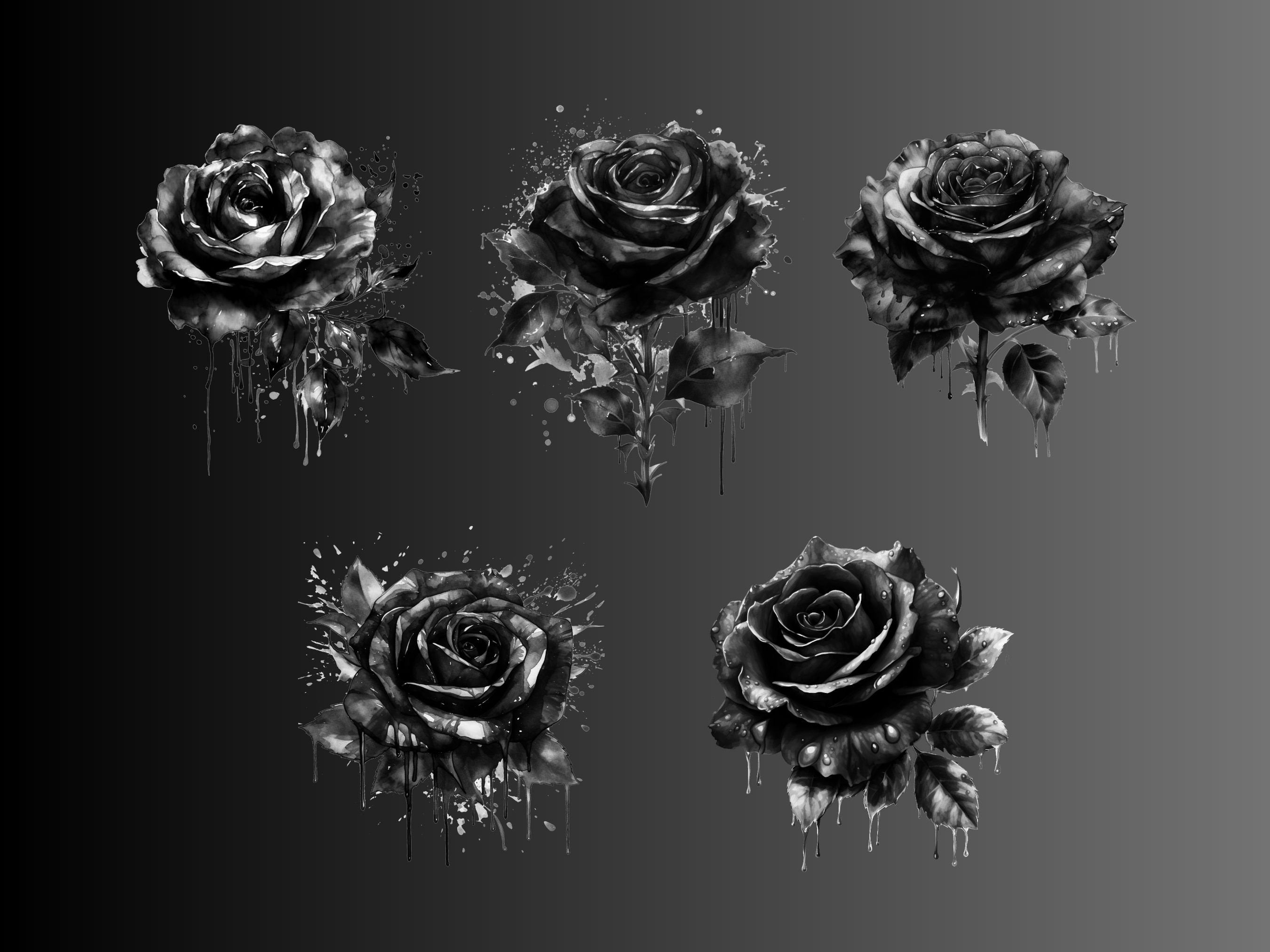 Full Black Silver Roses Watercolor Clipart Floral Clip Art - Etsy