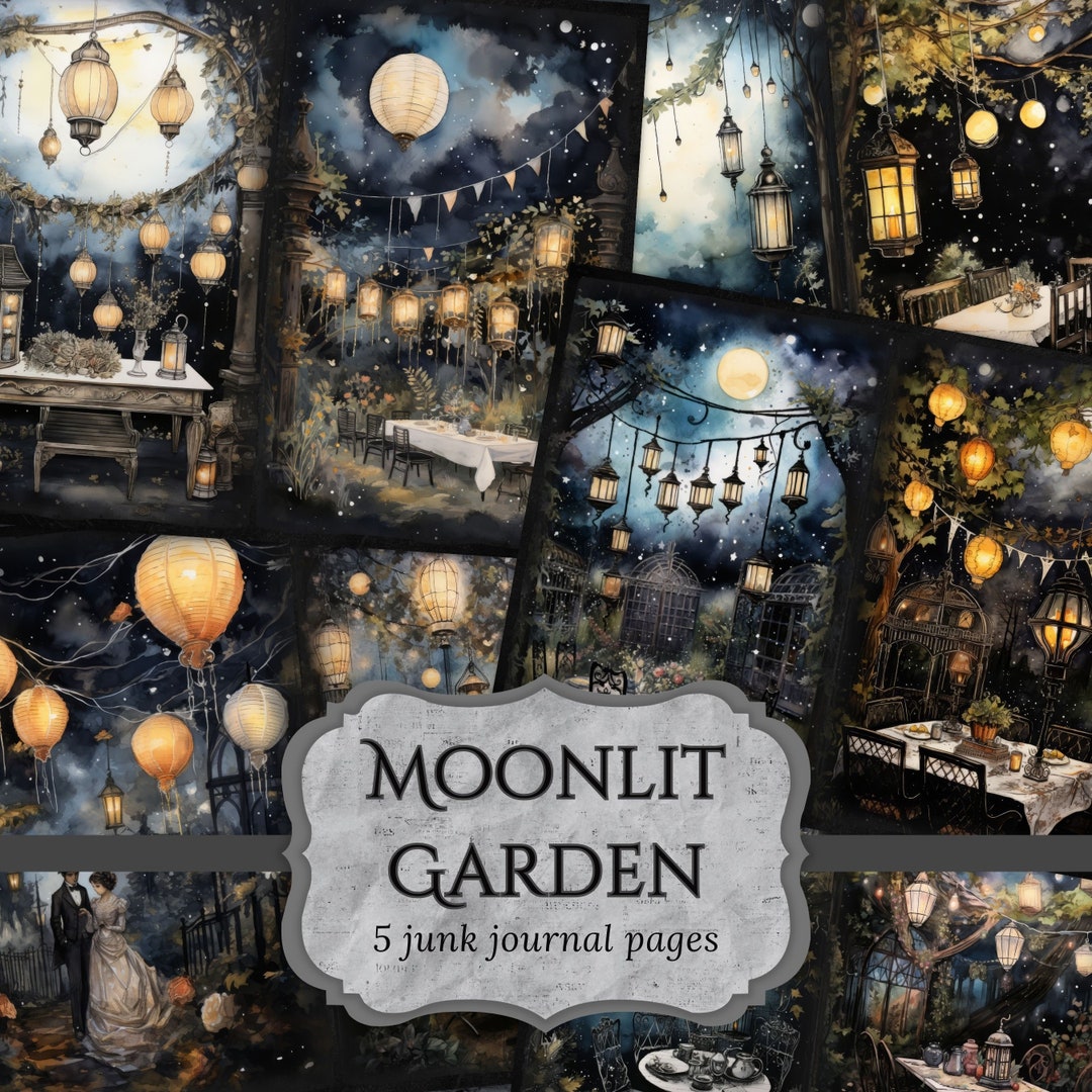 Moonlit Garden Junk Journal Pages, Dark Fantasy Scrapbook Page, Lights ...