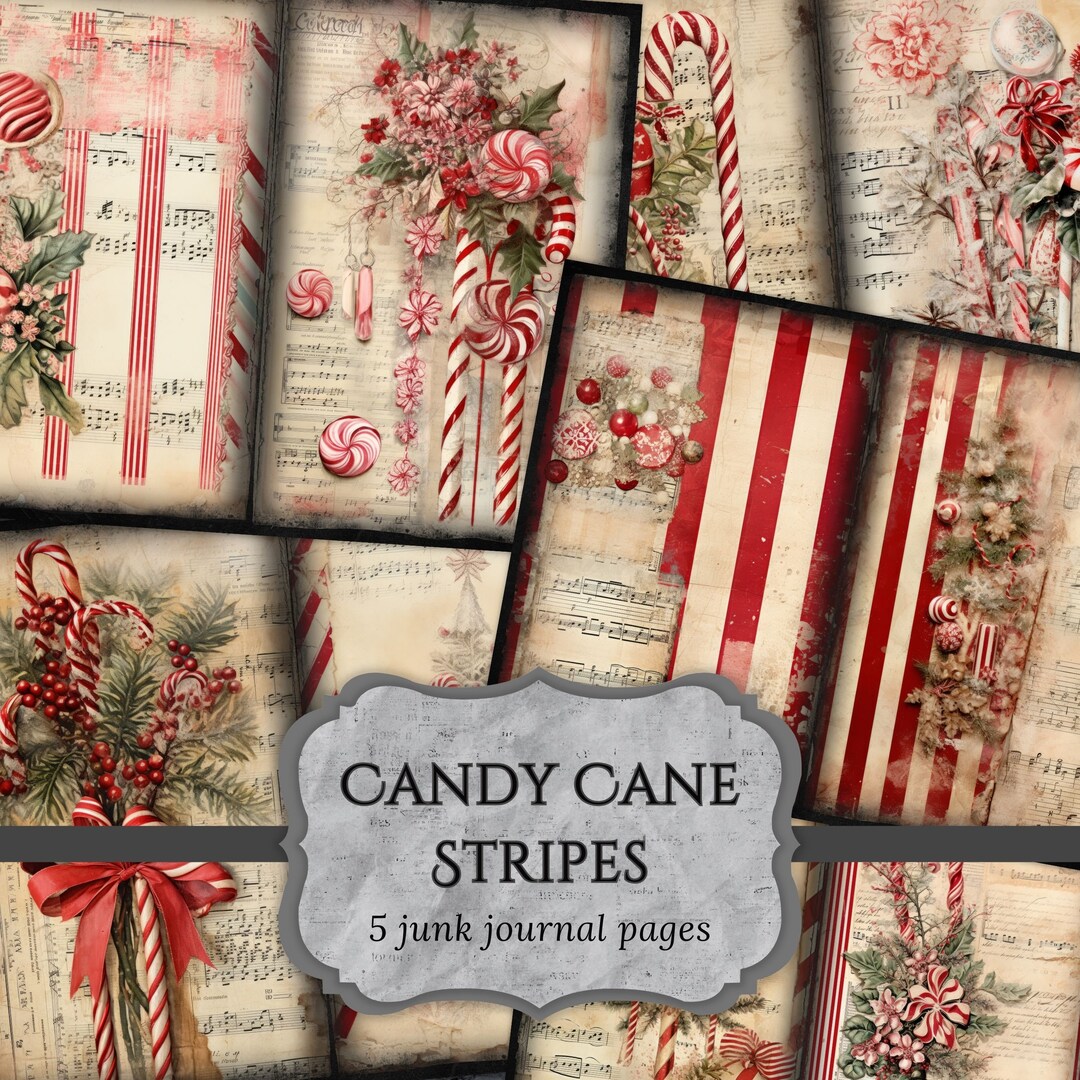 Candy Cane Stripes Junk Journal Pages, Christmas Scrapbook Page, Mixed ...