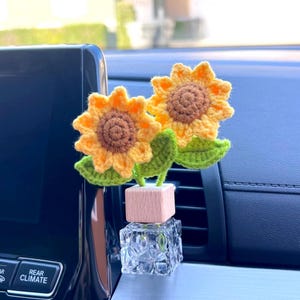 Handmade Crochet Sunflower Vent Clip | Car Air Freshener Diffuser | Glass Bottle Scent Decor for ...