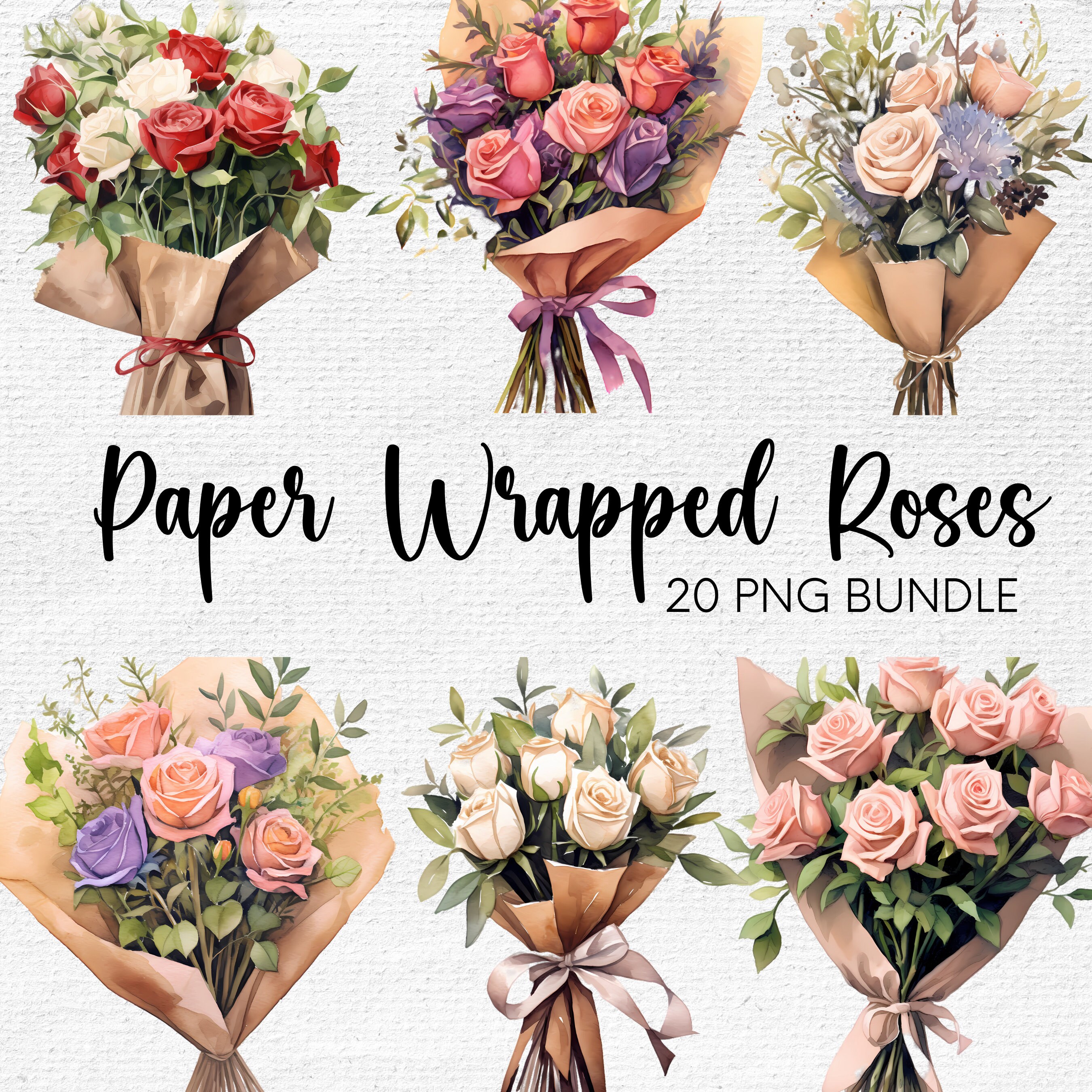 Paper Wrapped Rose Bouquet Clipart, Flower Bouquet PNG, Watercolor ...