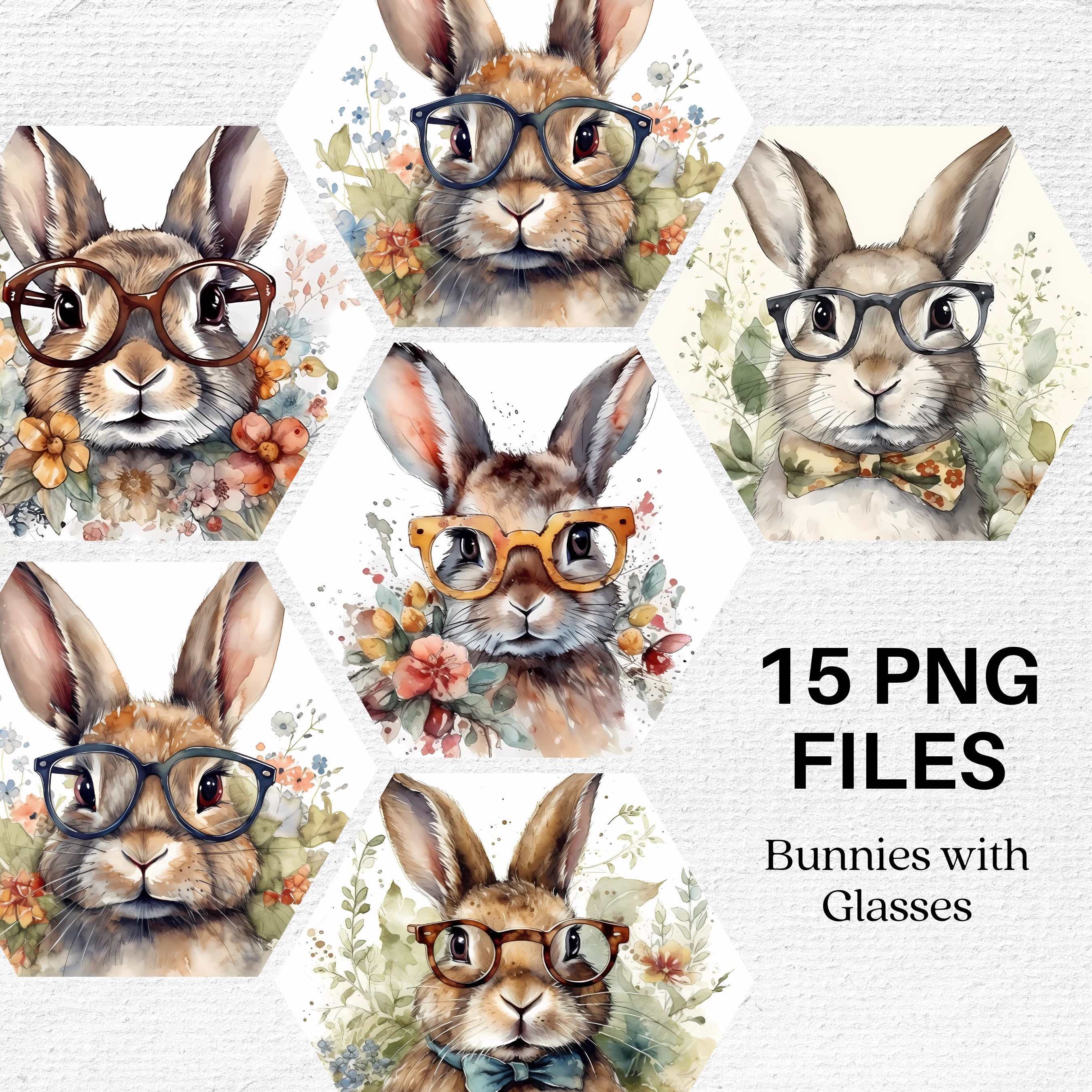 Cute Bunnies in Glasses Clip Art, Funny Bunny Clipart, Watercolor ...