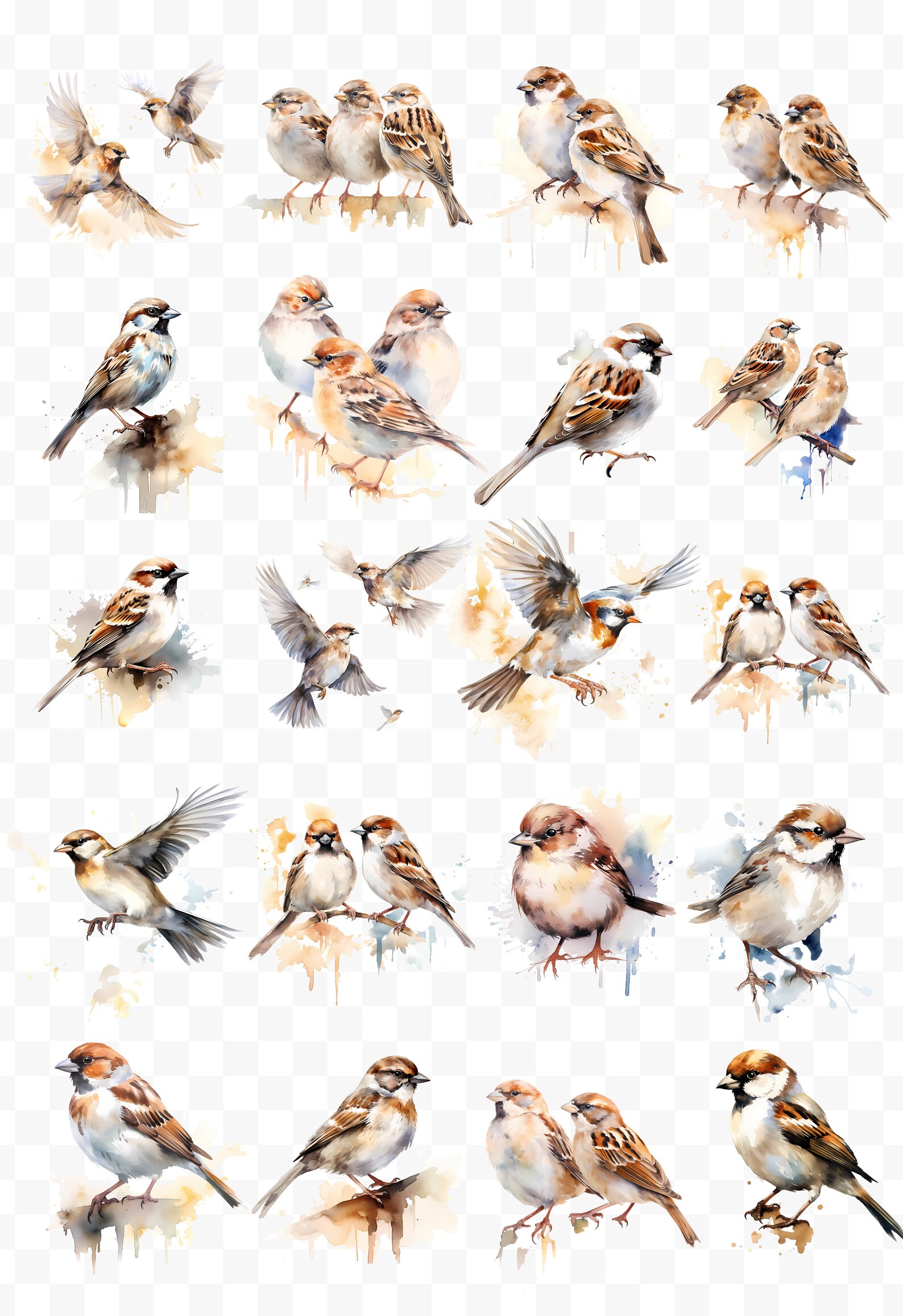 Sparrow Watercolor Clipart, Sparrows PNG Bundle, Watercolor Sparrow ...