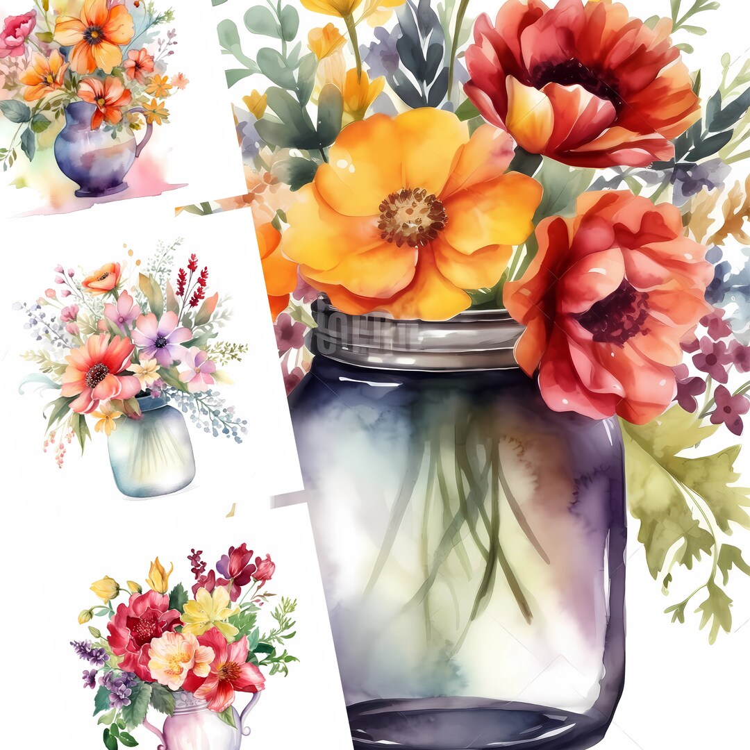 Vase of Flowers Watercolor Clipart Bundle Floral Art - Etsy