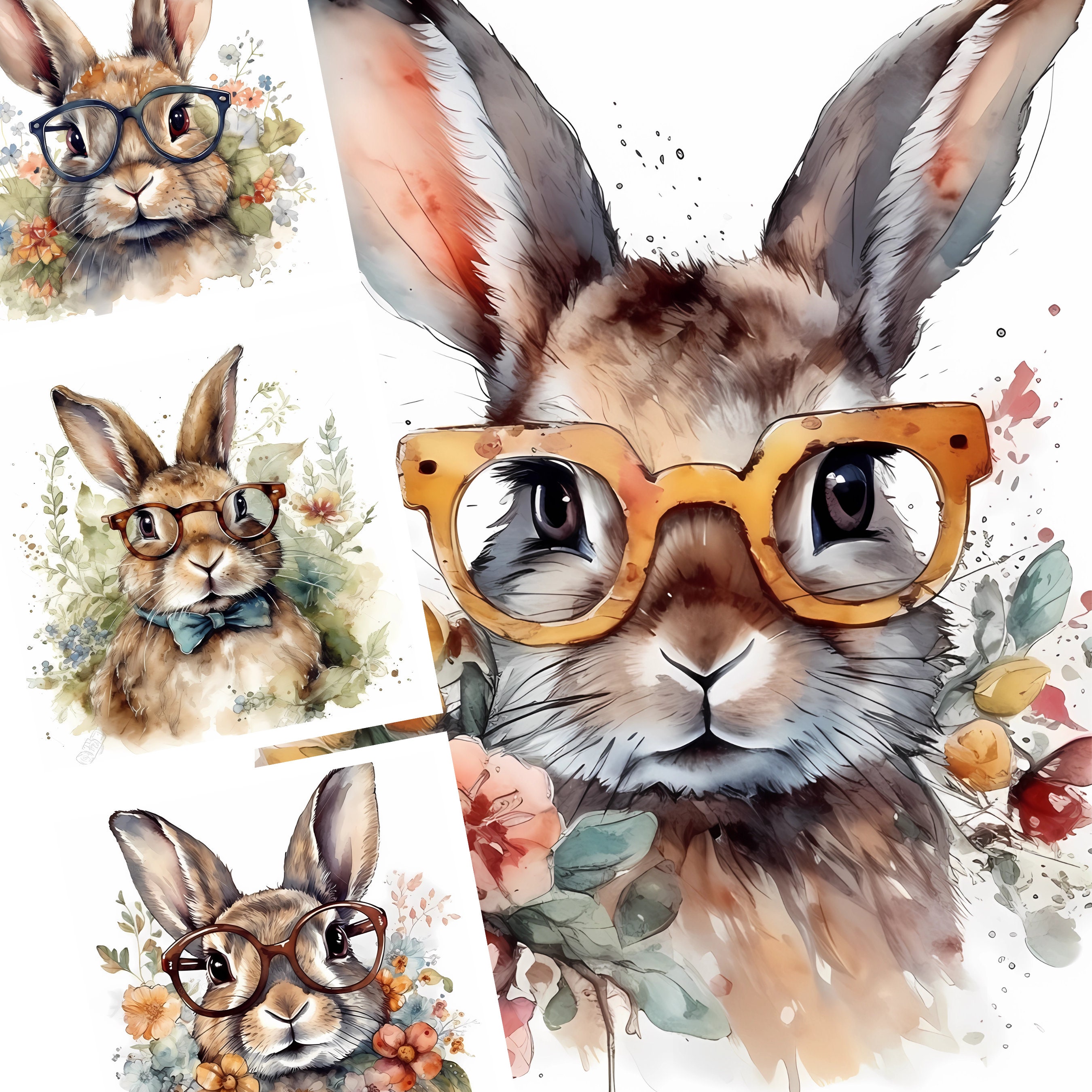 Cute Bunnies in Glasses Clip Art, Funny Bunny Clipart, Watercolor ...