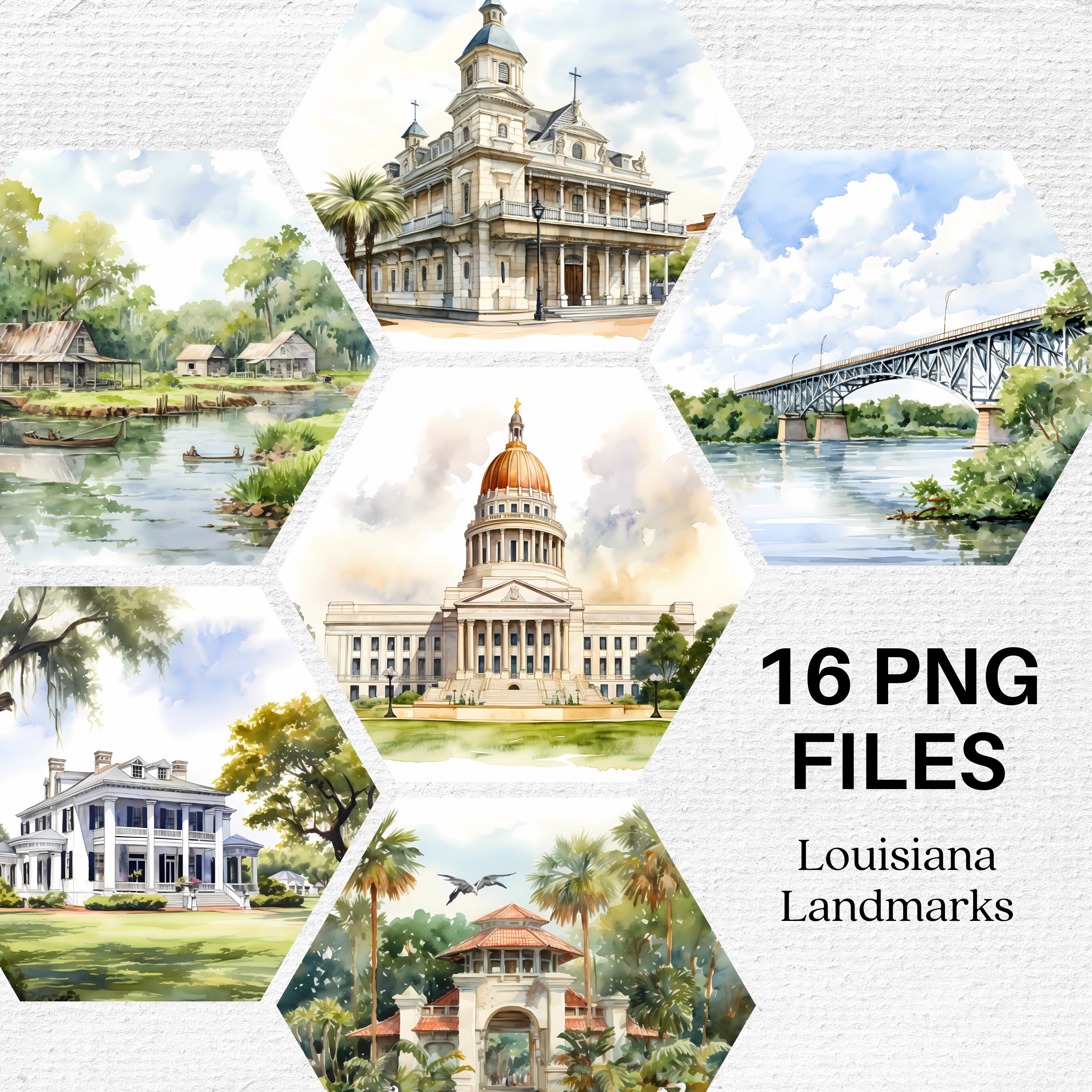 Louisiana Landmarks, Watercolor Clipart Bundle, Louisiana PNG, Bayou ...