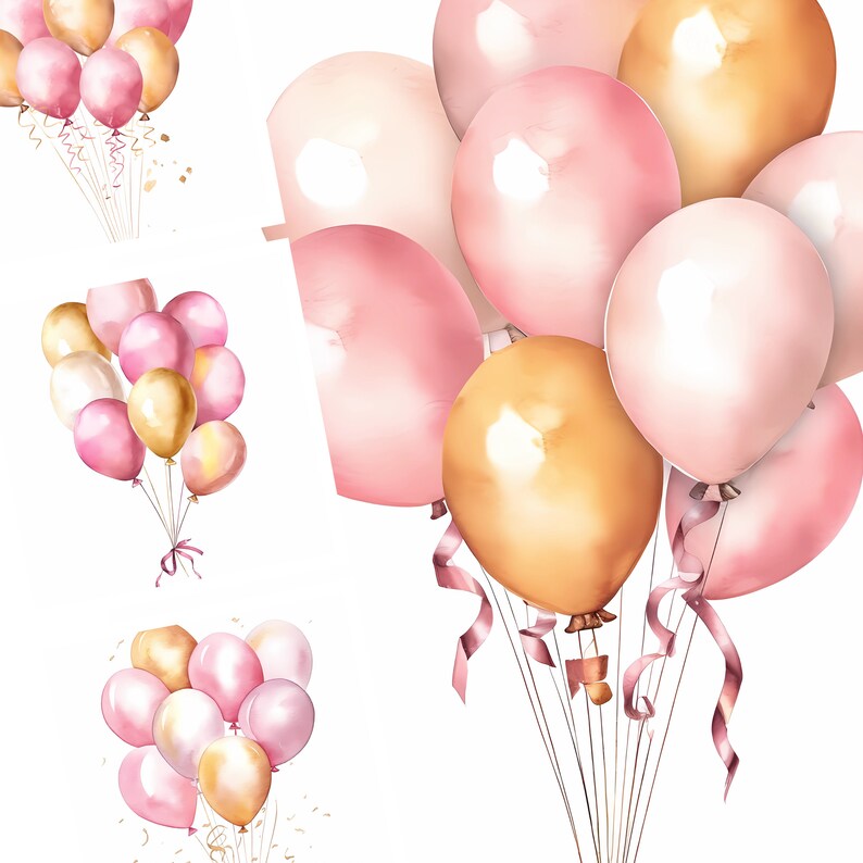 Pink and Gold Balloon Clipart, Watercolor Clipart Bundle, Baby Shower ...