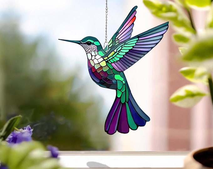Stained Glass Hummingbird Swag/hummingbird W Pink Flower Suncatcher ...