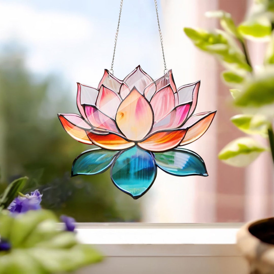 Lotus FAUX Stain Glass Style Inspired, Lotus Flower Window Hanging ...