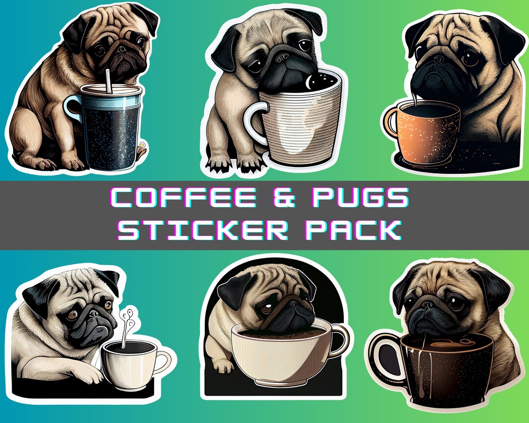 6 Adorable Pugs With Their Favorite Cup of Coffee PNG - Perfect for ...